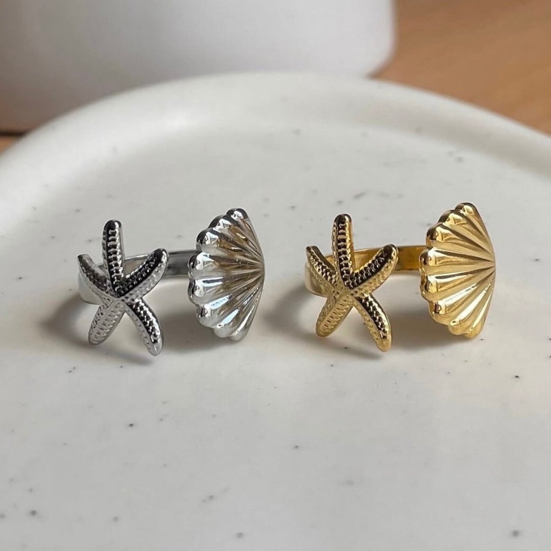 Starfish and Shell 18k Gold Plated Ring, Beach Ring, Surfer Ring ...