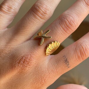 Starfish and Shell 18k Gold Plated Ring, Beach Ring, Surfer Ring ...
