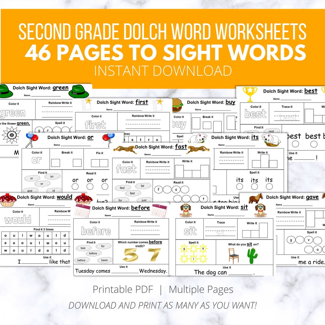 46 Second (2nd) Grade Dolch Sight Words Worksheets for Kids, Instant ...