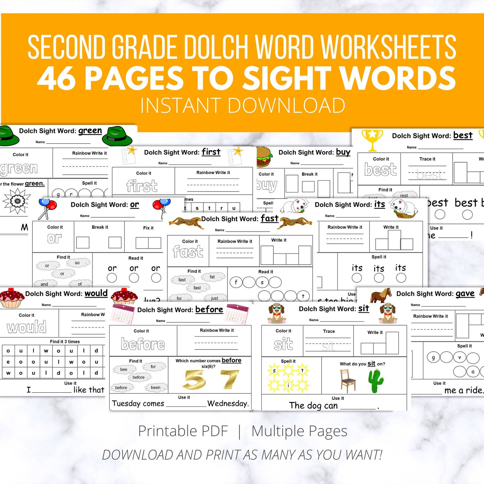 46 Second (2nd) Grade Dolch Sight Words Worksheets for Kids, Instant ...