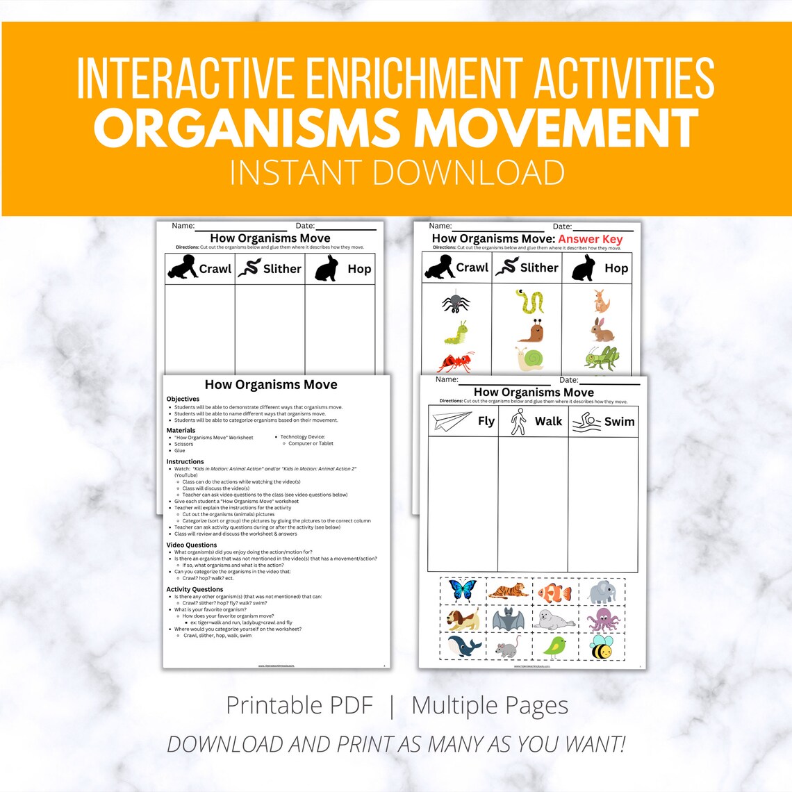Kindergarten Organism Movement Worksheets: Six Animal Movements ...
