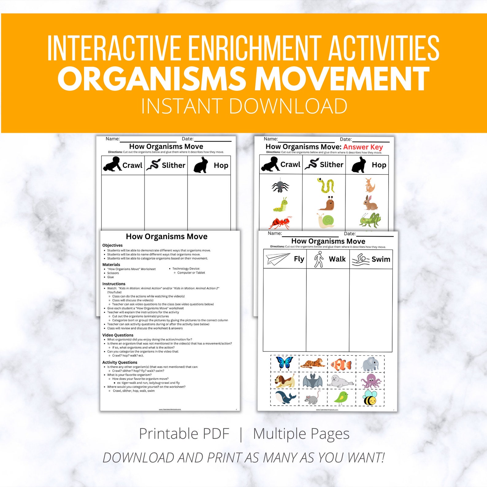Kindergarten Organism Movement Worksheets: Six Animal Movements ...