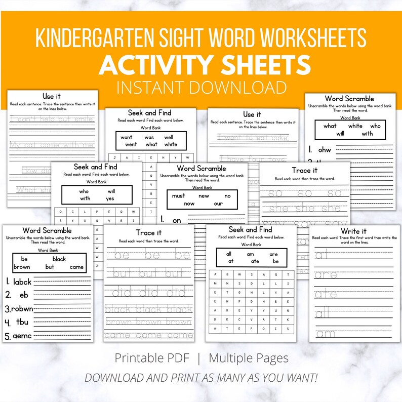 50+ Activity Sight Word Sheets, Primer, Kindergarten, Word Searches ...