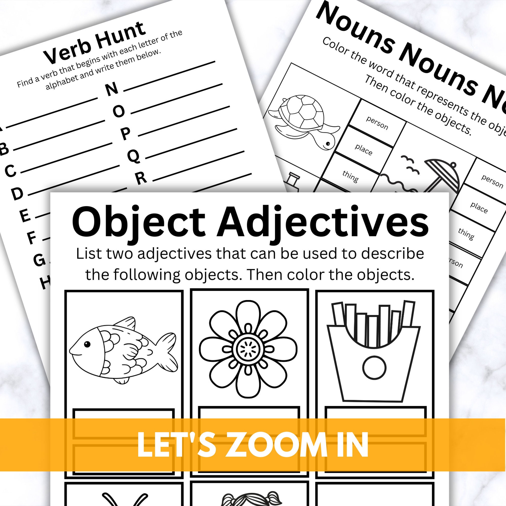 60 Nouns, Verbs, Adjectives Worksheets, Parts of Speech Classroom ...