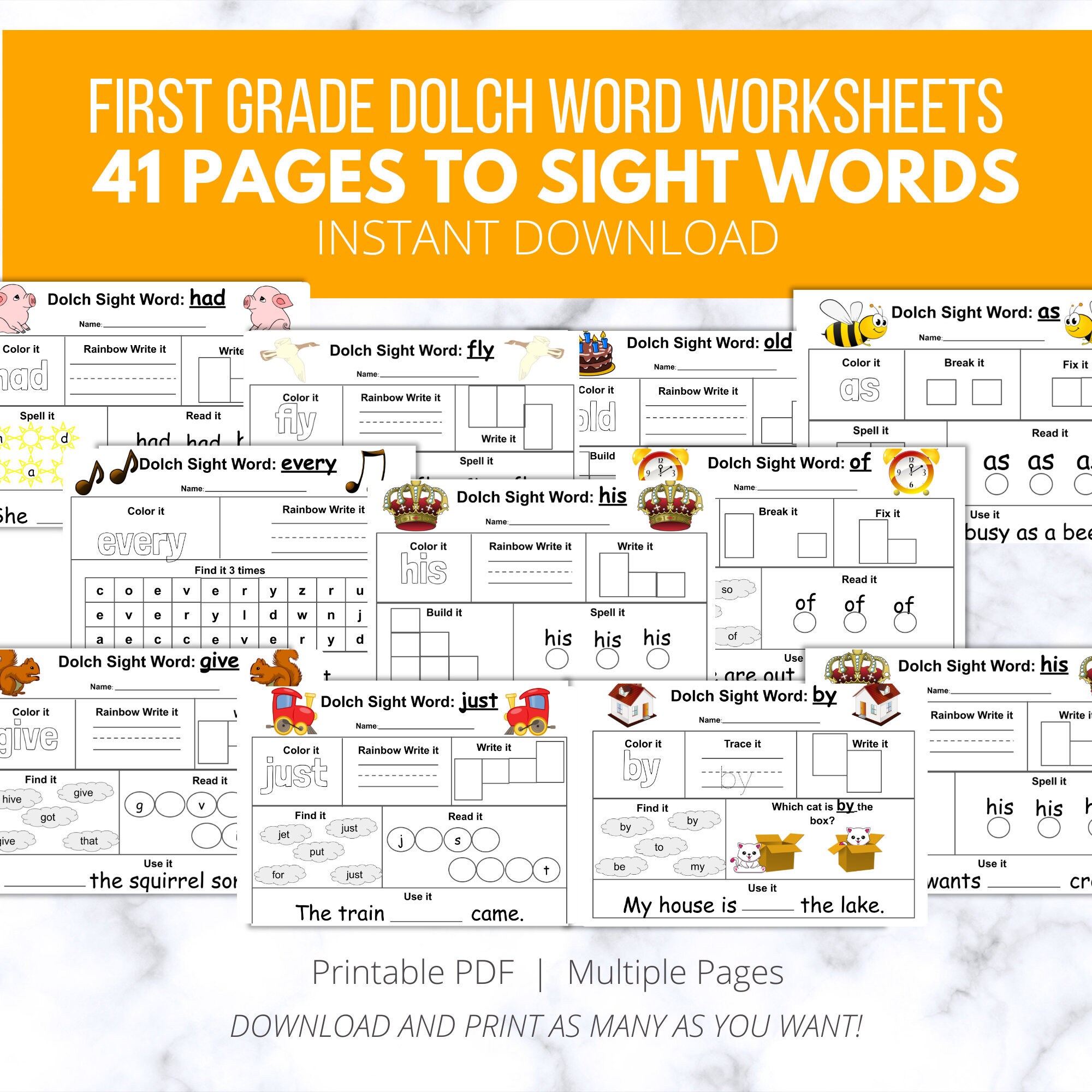 41 First Grade (1st) Dolch Word Worksheets, Instant Download, First ...
