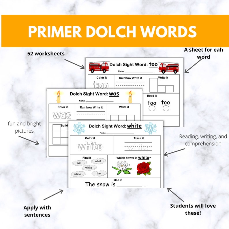52 Primer Dolch Sight Word Worksheets, Sight Words, Instant Download ...