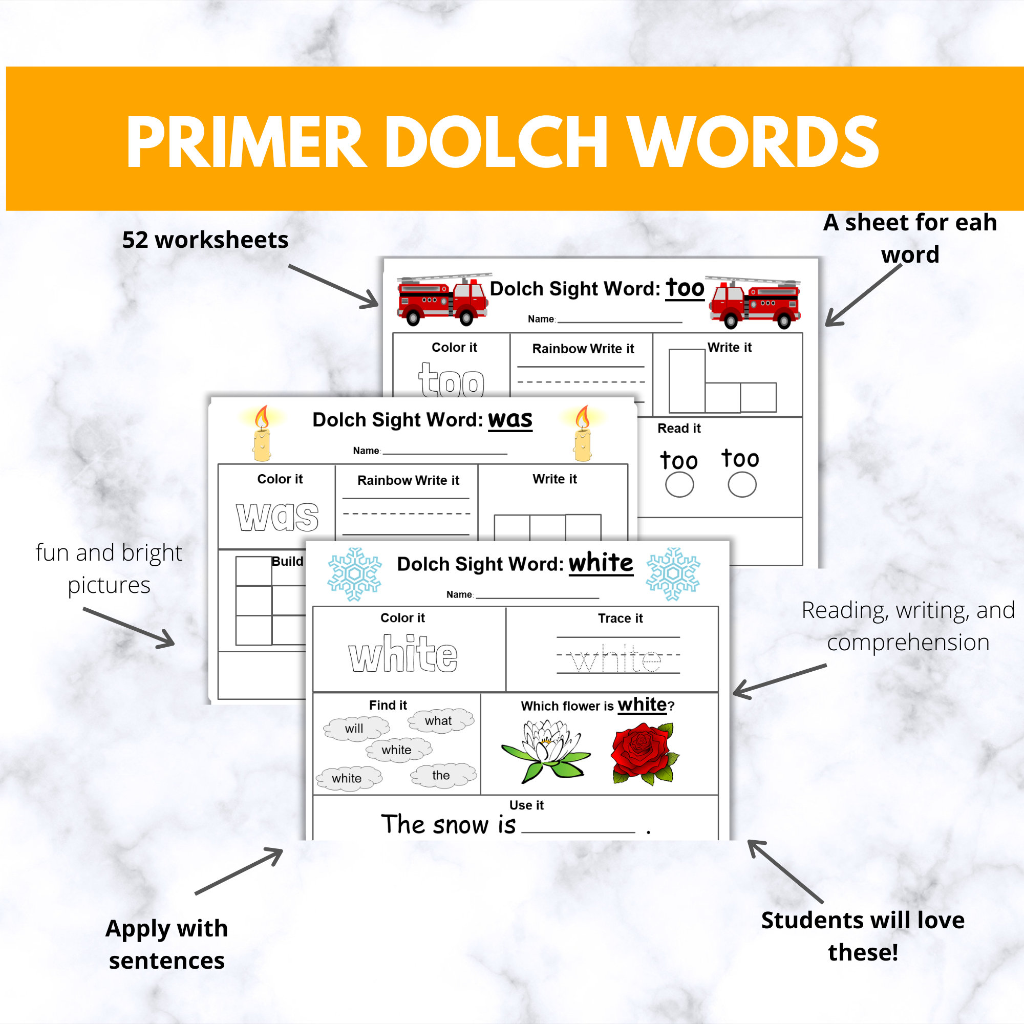 52 Primer Dolch Sight Word Worksheets, Sight Words, Instant Download ...
