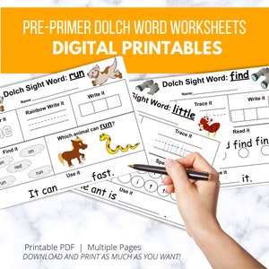 40 Pre-primer Dolch Word Worksheets, Sight Words, Word Wall, Instant ...