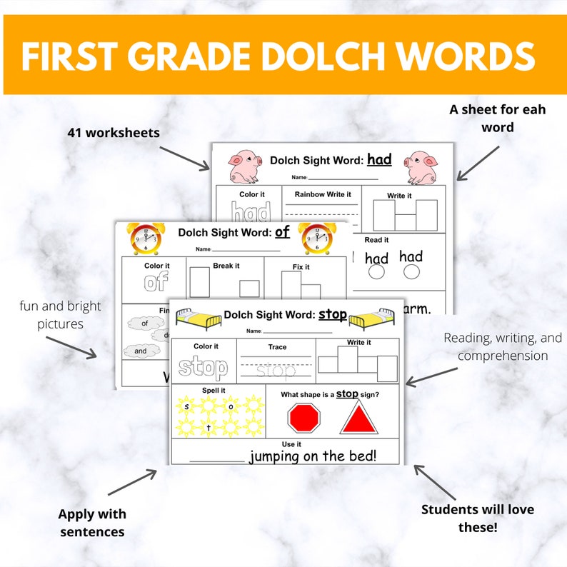 41 First Grade (1st) Dolch Word Worksheets, Instant Download, First ...