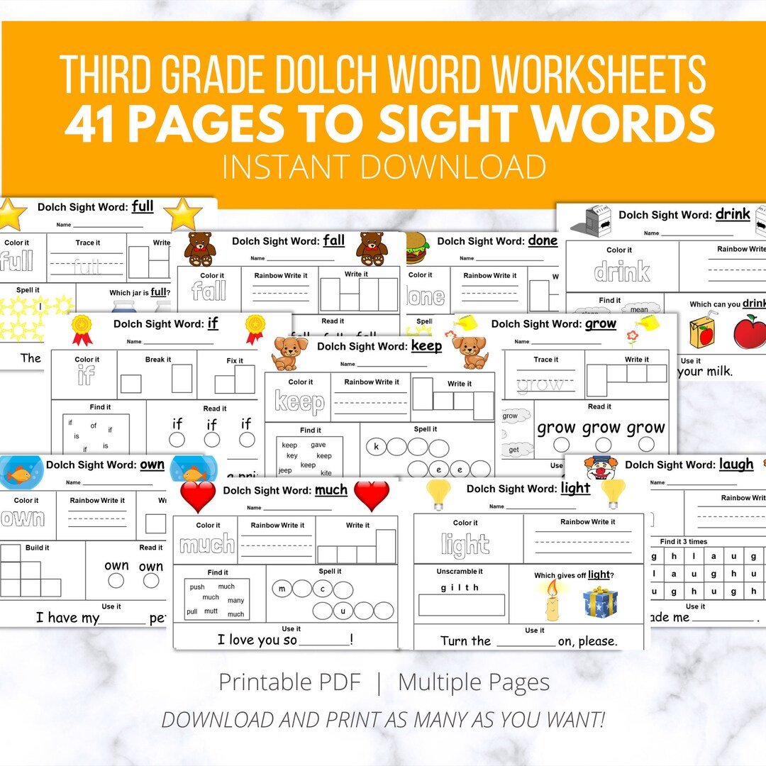 41 Third (3rd) Grade Dolch Sight Word Worksheets, Instant Download ...