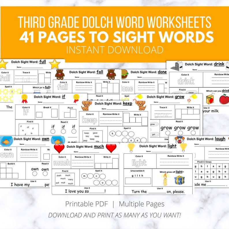 41 Third (3rd) Grade Dolch Sight Word Worksheets, Instant Download ...