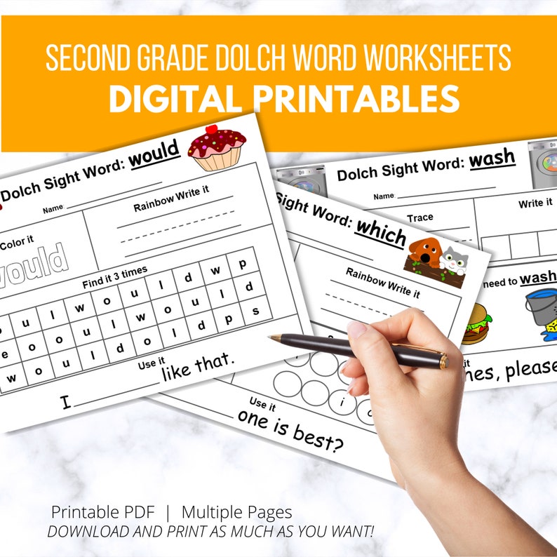 46 Second (2nd) Grade Dolch Sight Words Worksheets for Kids, Instant ...