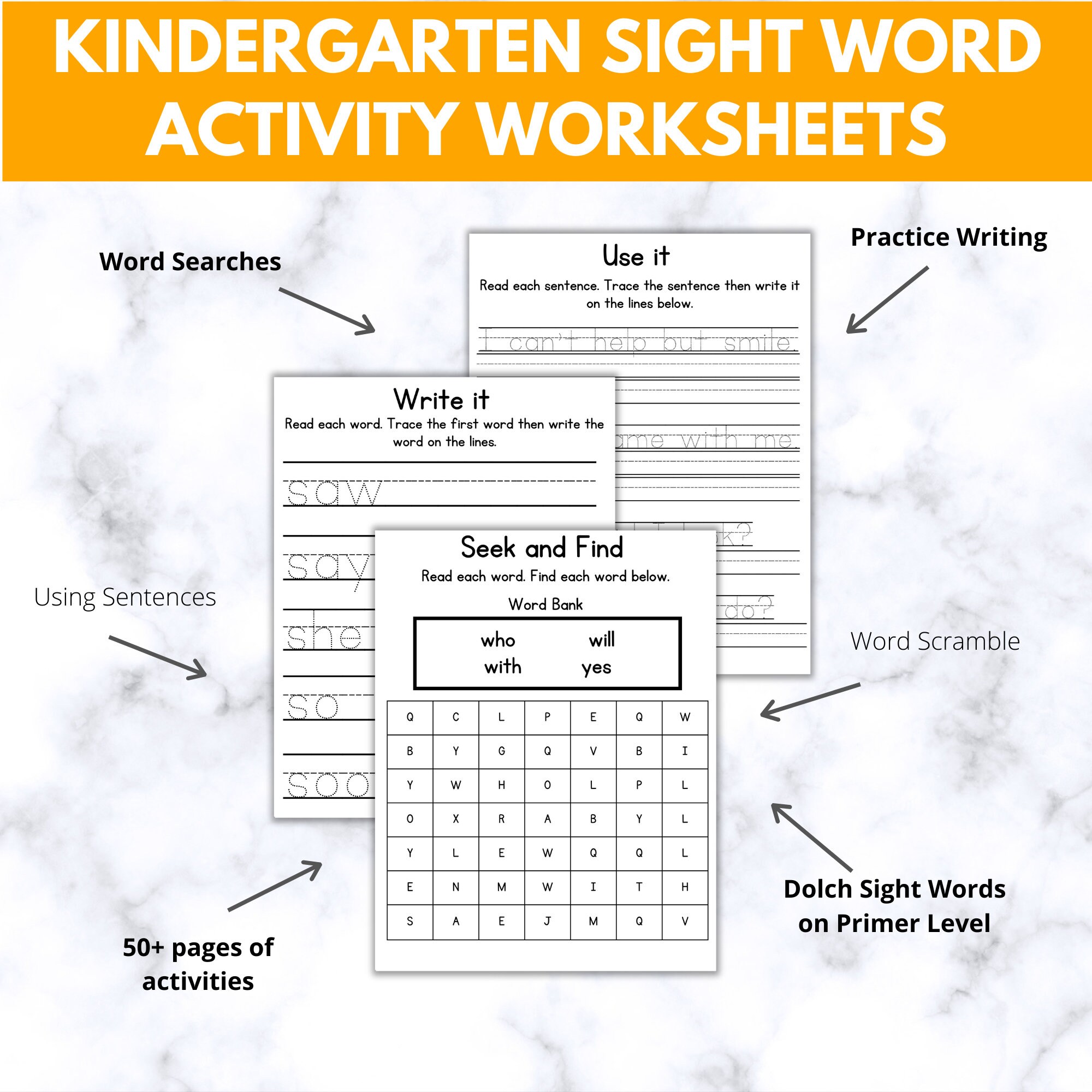 50+ Activity Sight Word Sheets, Primer, Kindergarten, Word Searches ...