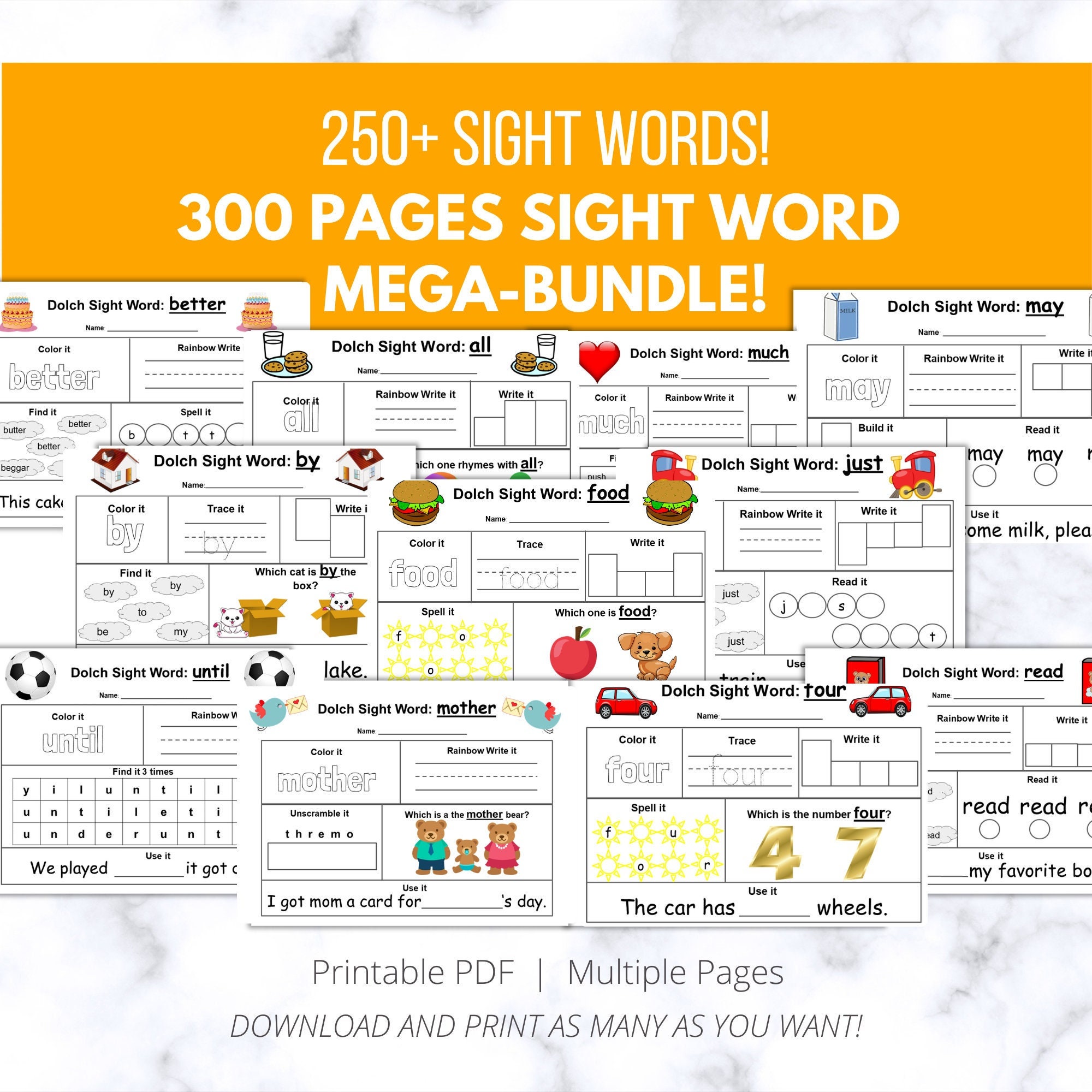 300 Worksheets 250 Sight Words Mega Bundle Reading, Writing, Spelling ...