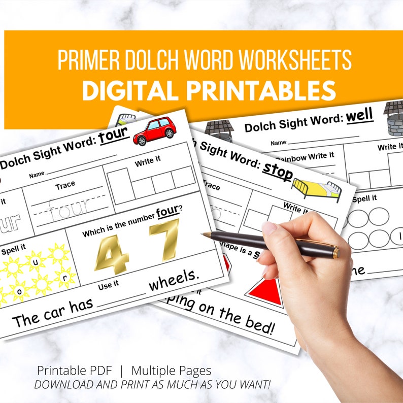 52 Primer Dolch Sight Word Worksheets, Sight Words, Instant Download ...