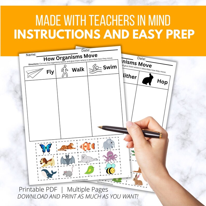 Kindergarten Organism Movement Worksheets: Six Animal Movements ...