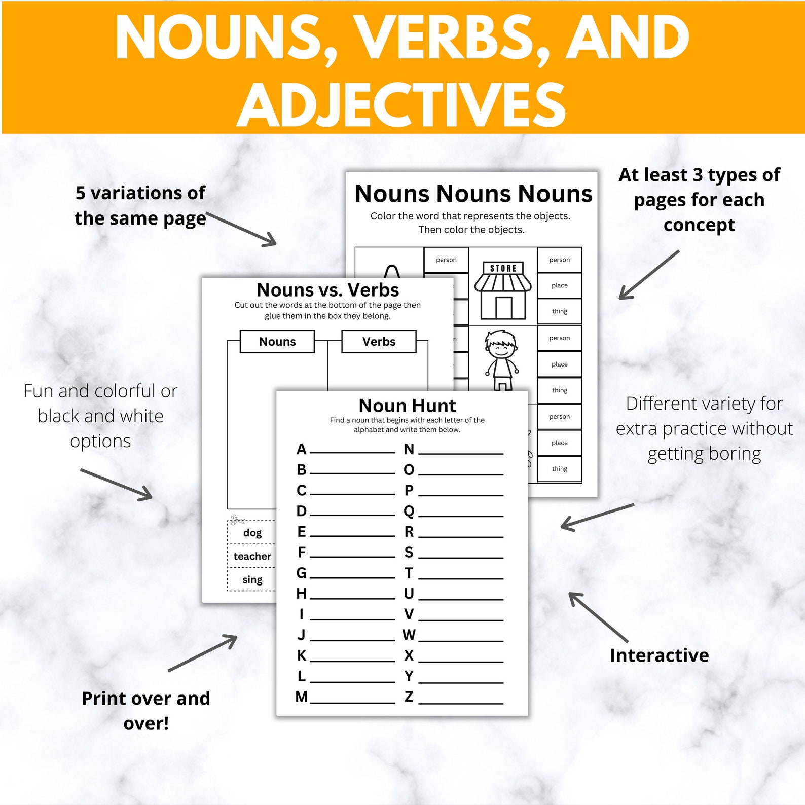 60 Nouns, Verbs, Adjectives Worksheets, Parts of Speech Classroom ...