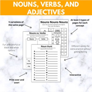 60 Nouns, Verbs, Adjectives Worksheets, Parts of Speech Classroom ...