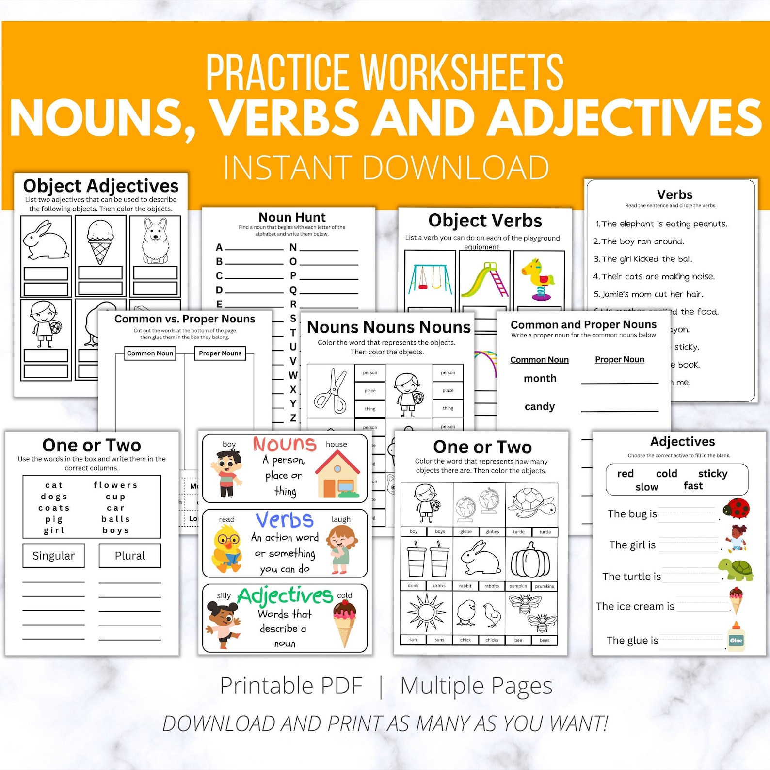 60 Nouns, Verbs, Adjectives Worksheets, Parts of Speech Classroom ...