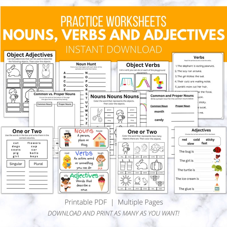 60 Nouns, Verbs, Adjectives Worksheets, Parts of Speech Classroom ...
