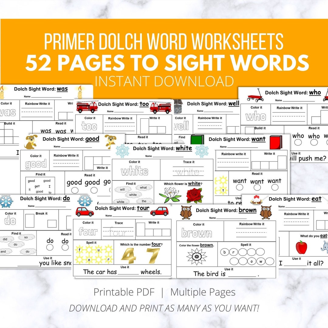 52 Primer Dolch Sight Word Worksheets, Sight Words, Instant Download ...
