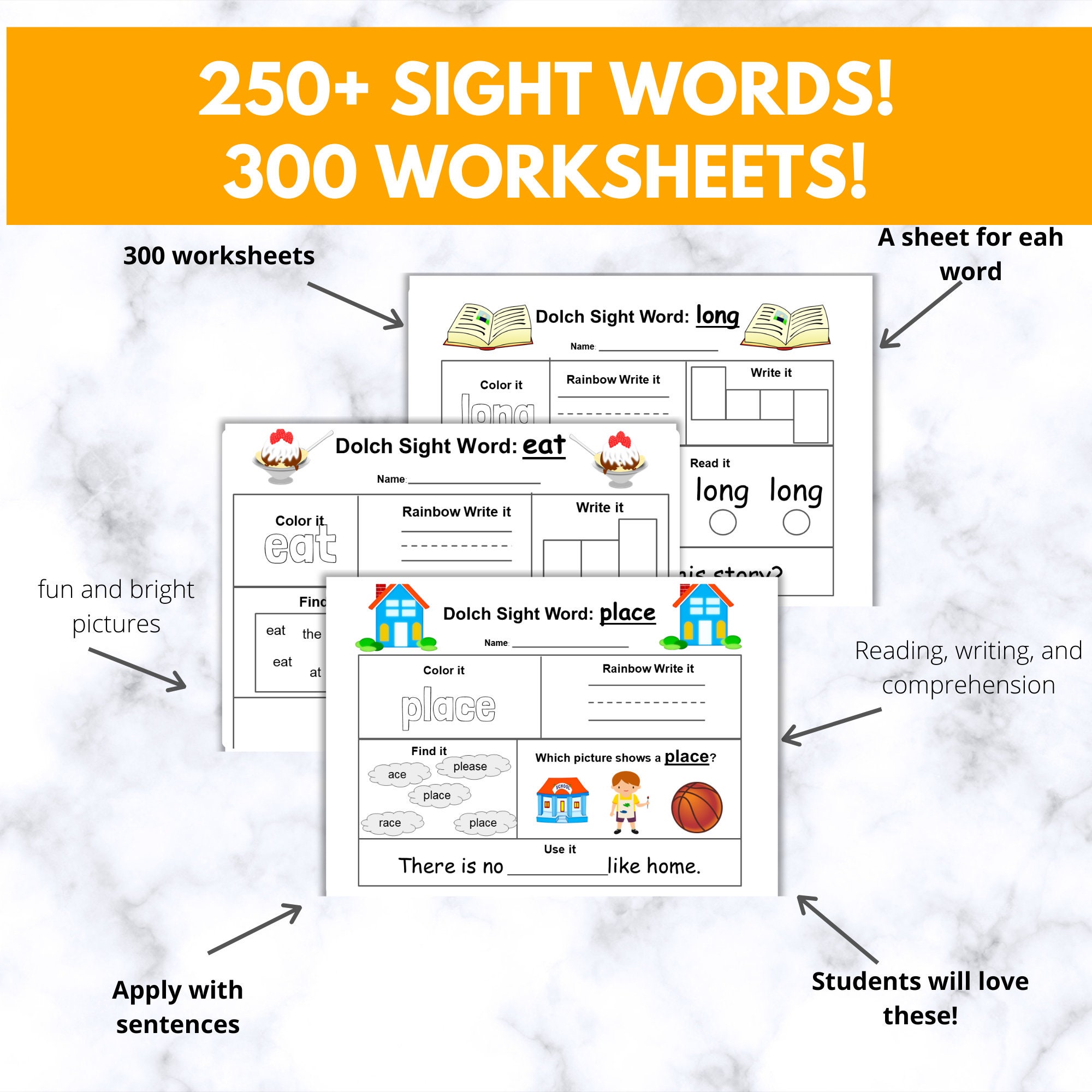 300 Worksheets 250 Sight Words Mega Bundle Reading, Writing, Spelling ...
