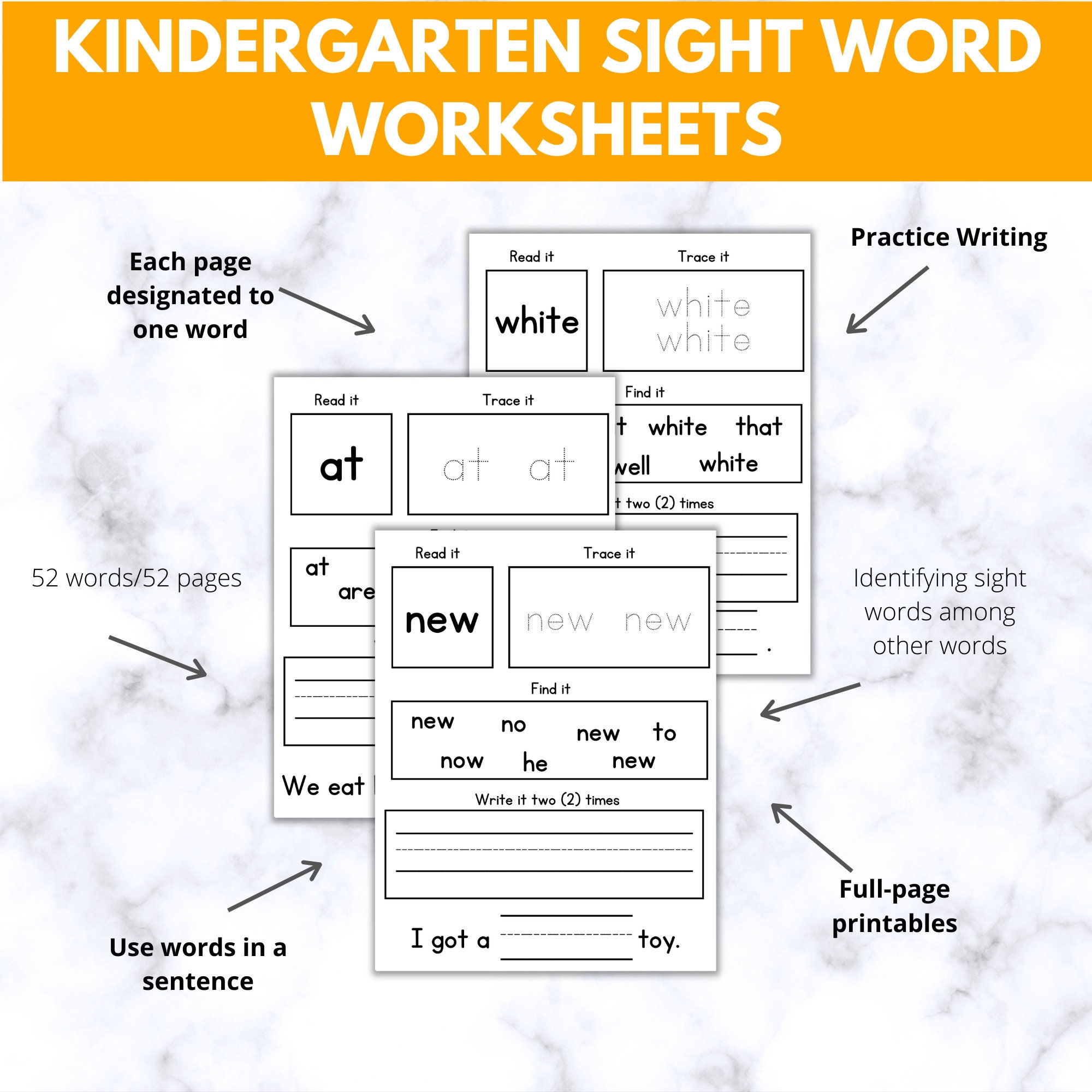 52 Primer Dolch Sight Word Worksheets, Reading, Tracing, Writing ...