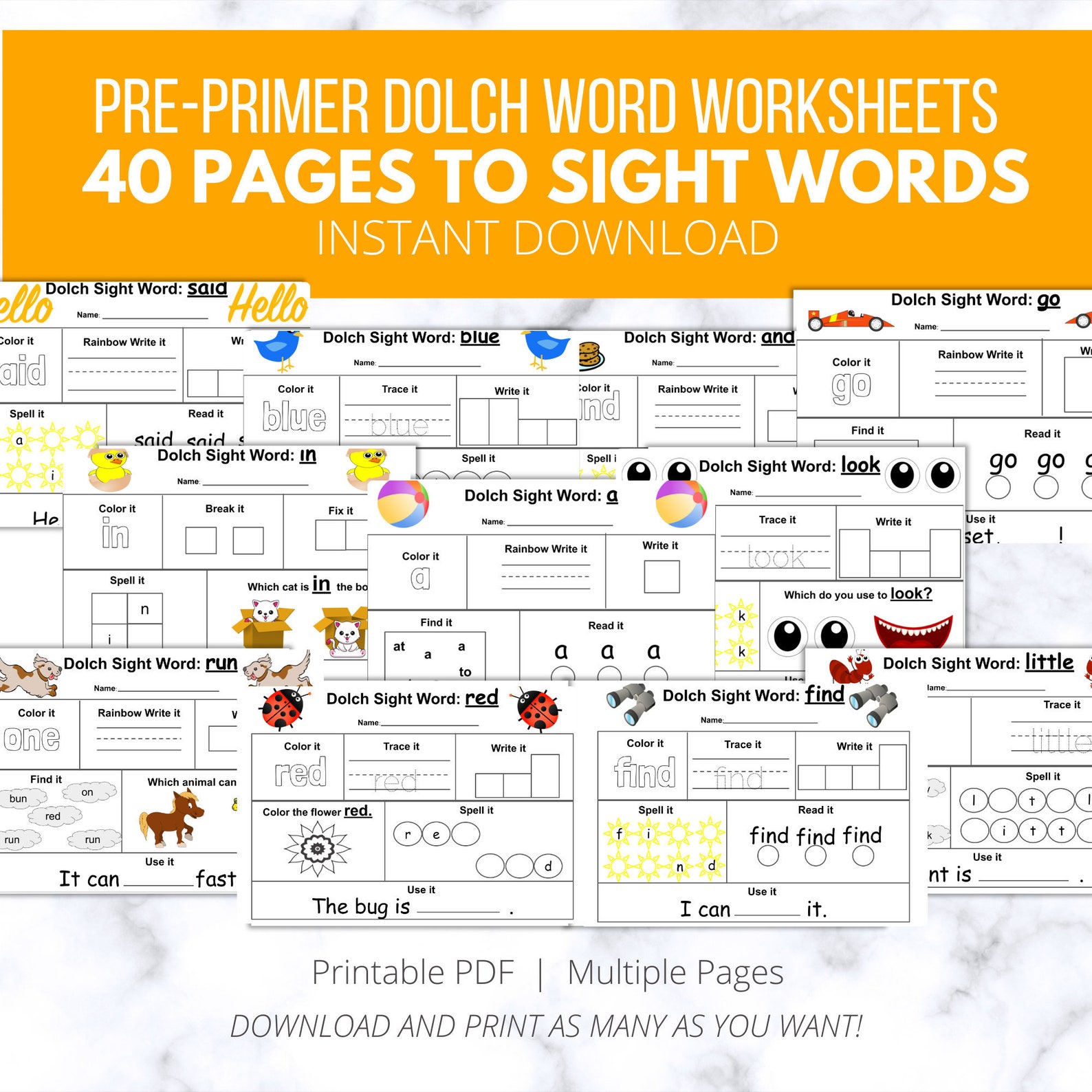 40 Pre-primer Dolch Word Worksheets, Sight Words, Word Wall, Instant ...