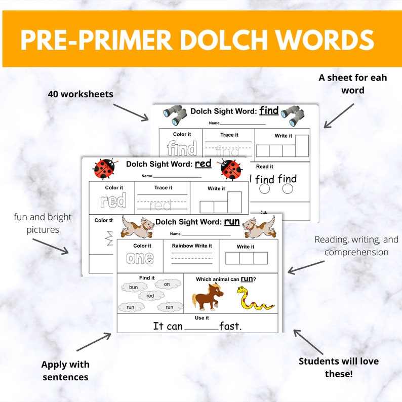 40 Pre-primer Dolch Word Worksheets, Sight Words, Word Wall, Instant ...