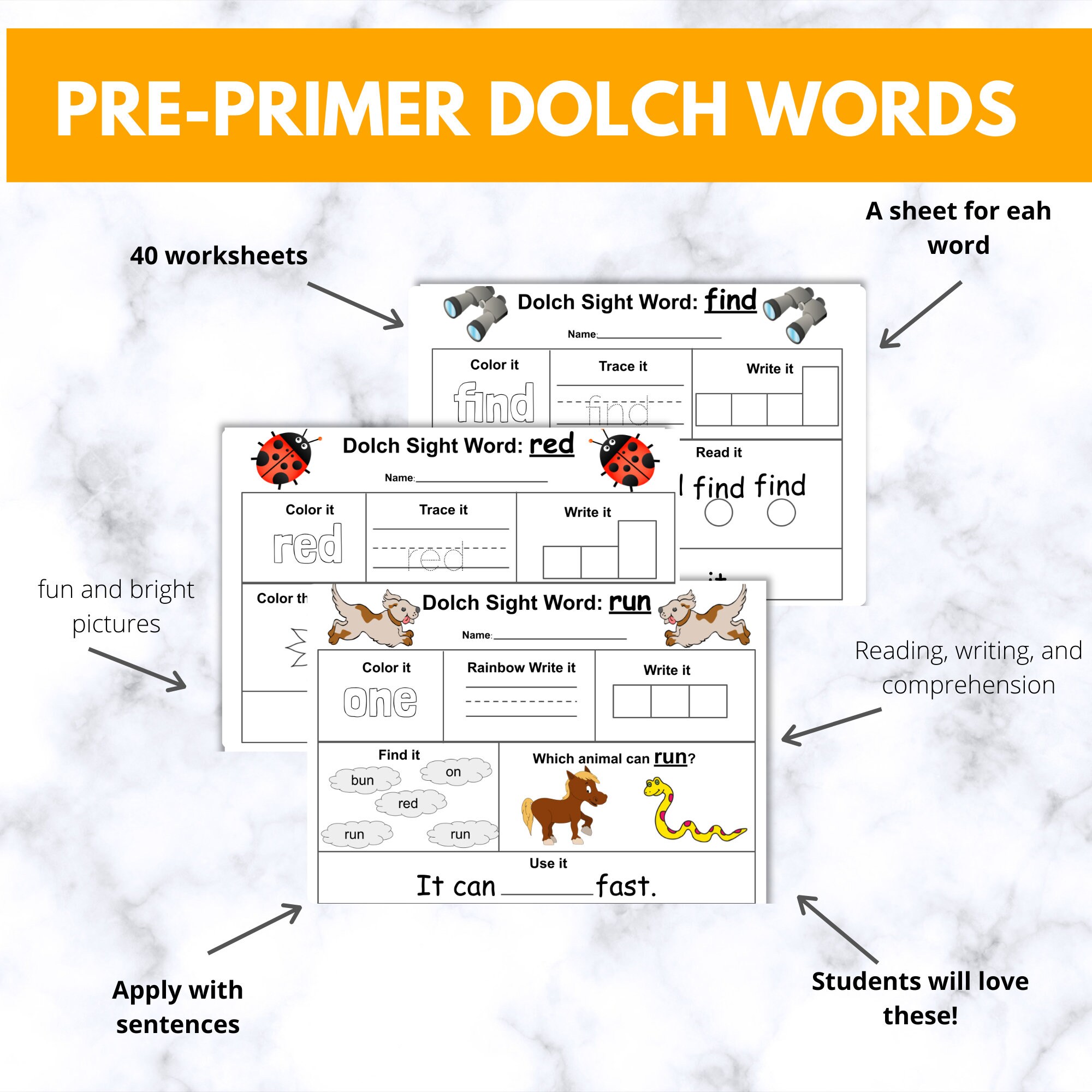 40 Pre-primer Dolch Word Worksheets, Sight Words, Word Wall, Instant ...