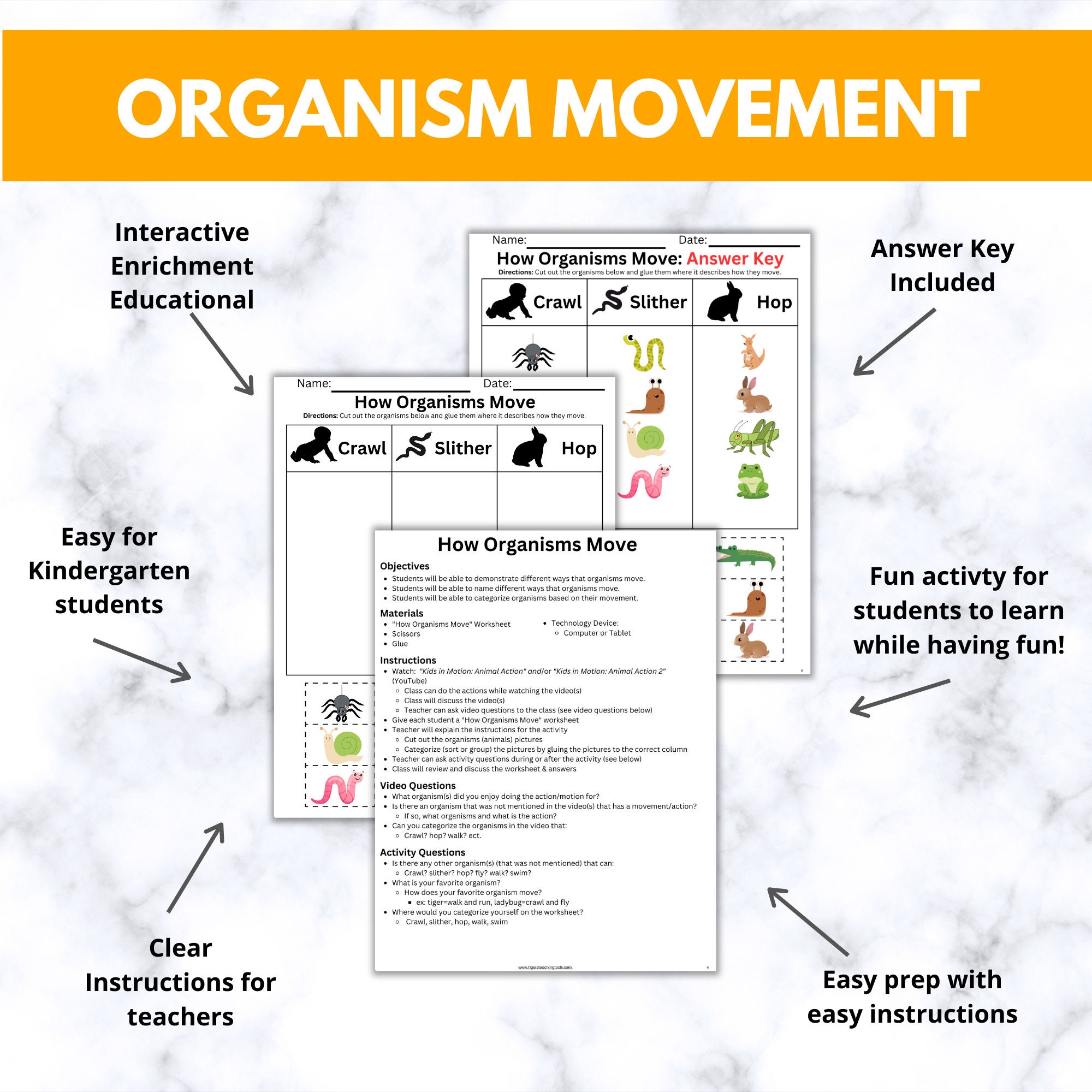 Kindergarten Organism Movement Worksheets: Six Animal Movements ...