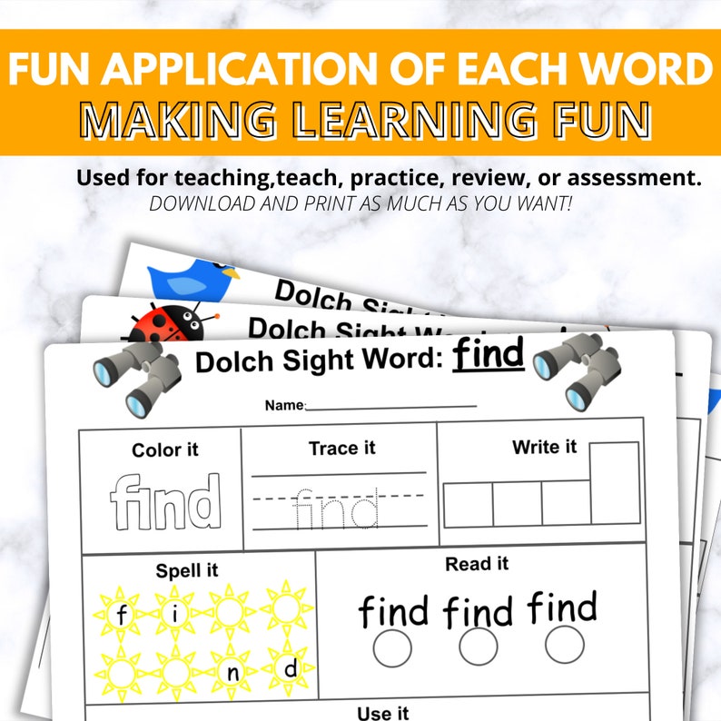 40 Pre-primer Dolch Word Worksheets, Sight Words, Word Wall, Instant ...