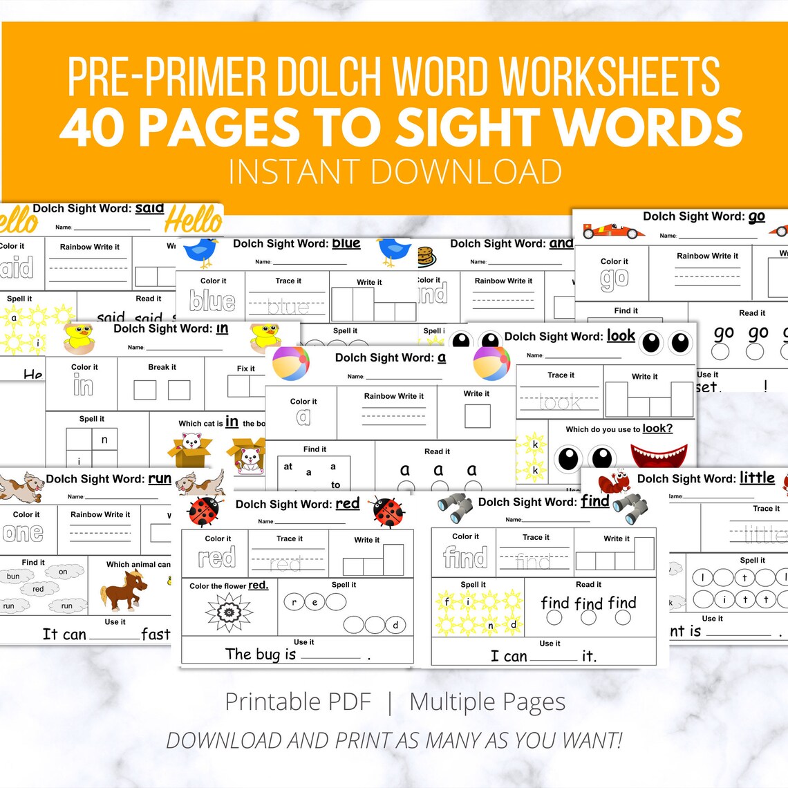 40 Pre-primer Dolch Word Worksheets, Sight Words, Word Wall, Instant ...