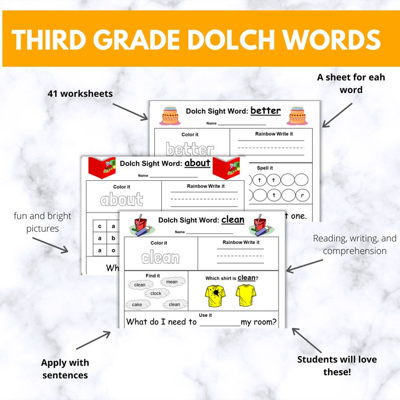 41 Third (3rd) Grade Dolch Sight Word Worksheets, Instant Download ...