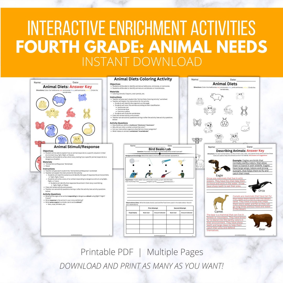 Fourth Grade Animal Needs Worksheets, Life Science, Interactive ...