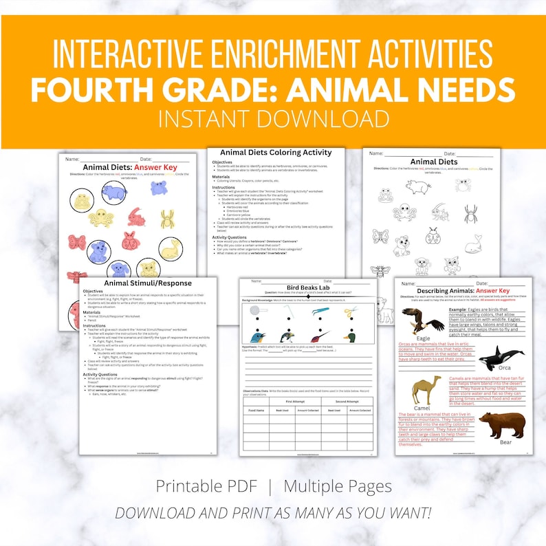 Fourth Grade Animal Needs Worksheets, Life Science, Interactive ...