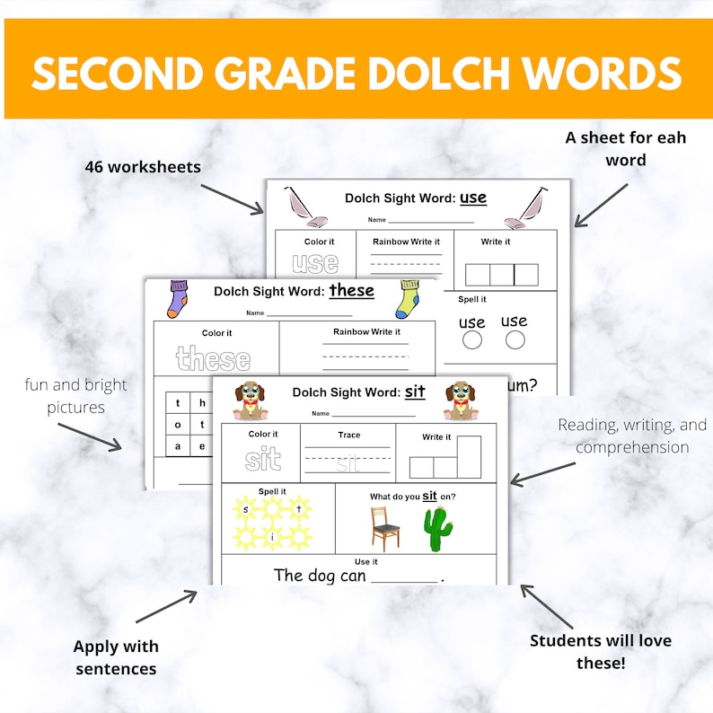46 Second (2nd) Grade Dolch Sight Words Worksheets for Kids, Instant ...