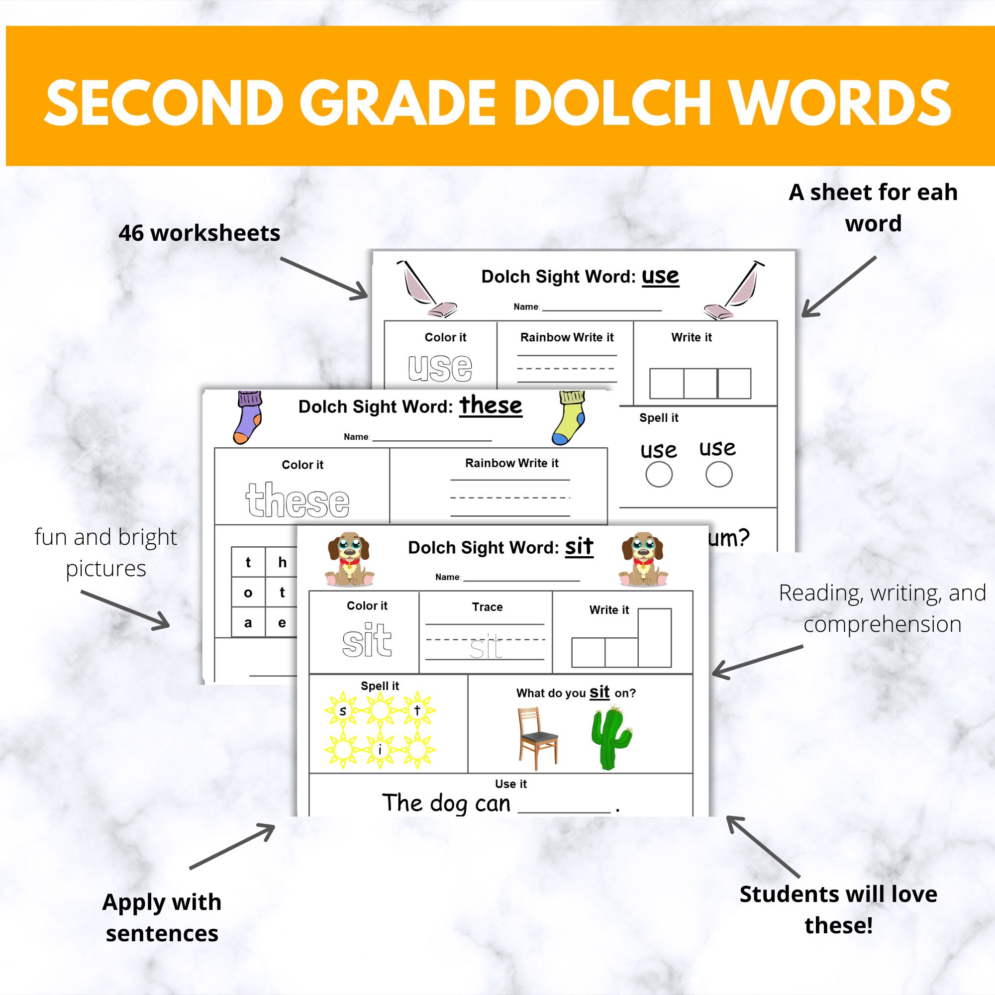 46 Second (2nd) Grade Dolch Sight Words Worksheets for Kids, Instant ...