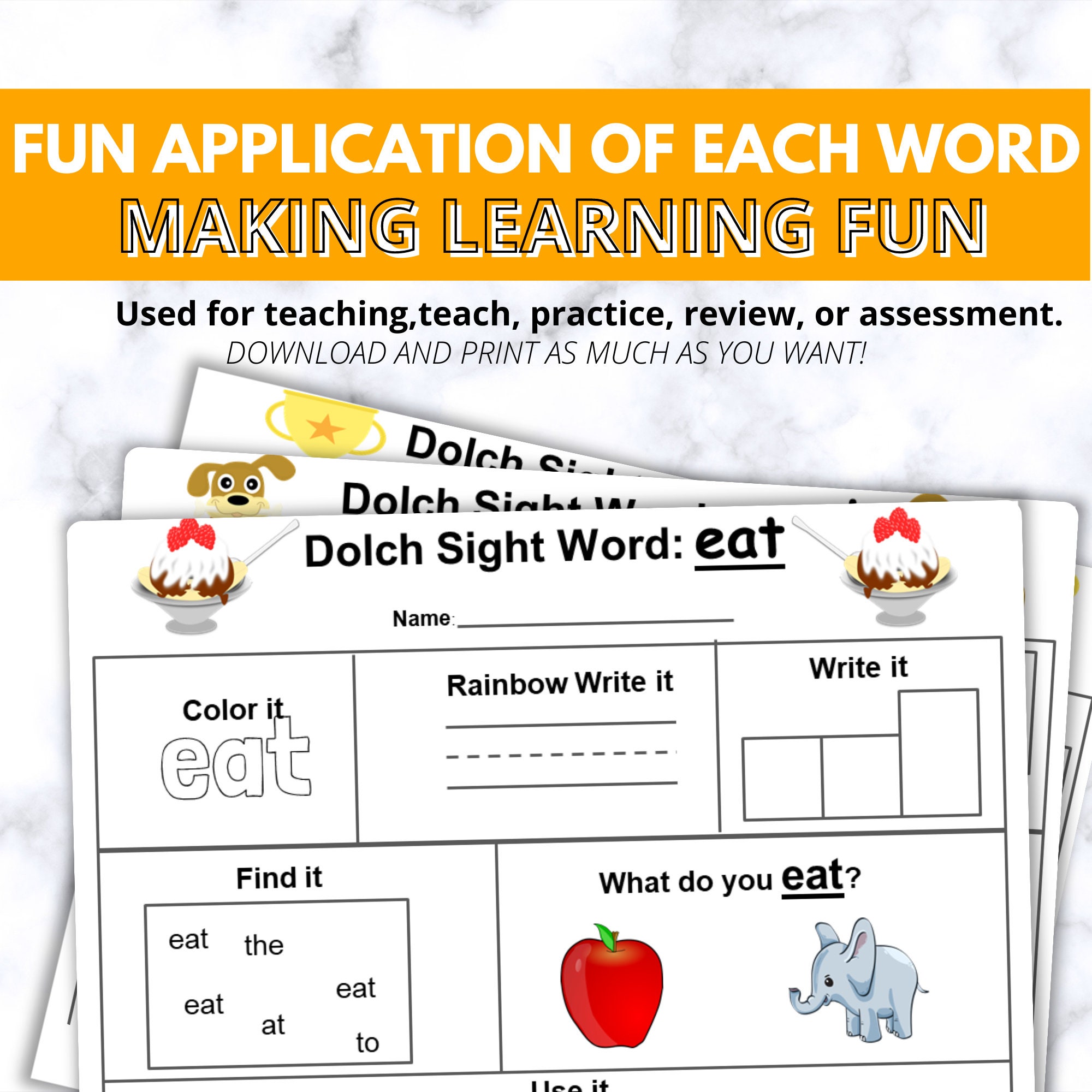 52 Primer Dolch Sight Word Worksheets, Sight Words, Instant Download ...