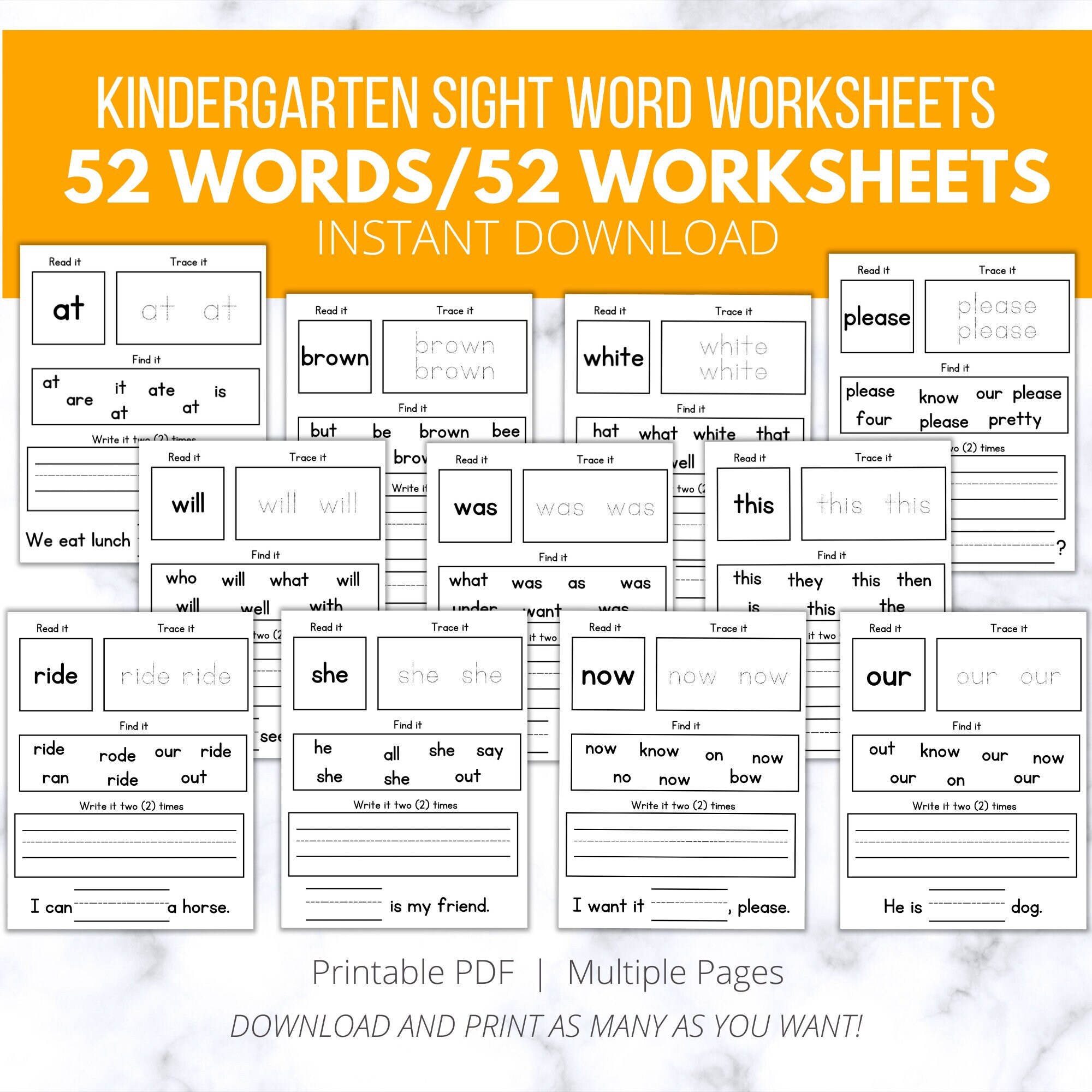 52 Primer Dolch Sight Word Worksheets, Reading, Tracing, Writing ...