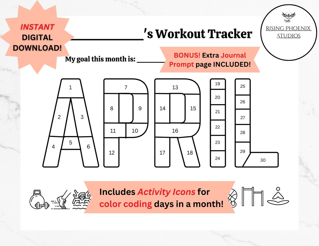 April Monthly Printable Workout Fitness Tracker Planner and Journal ...