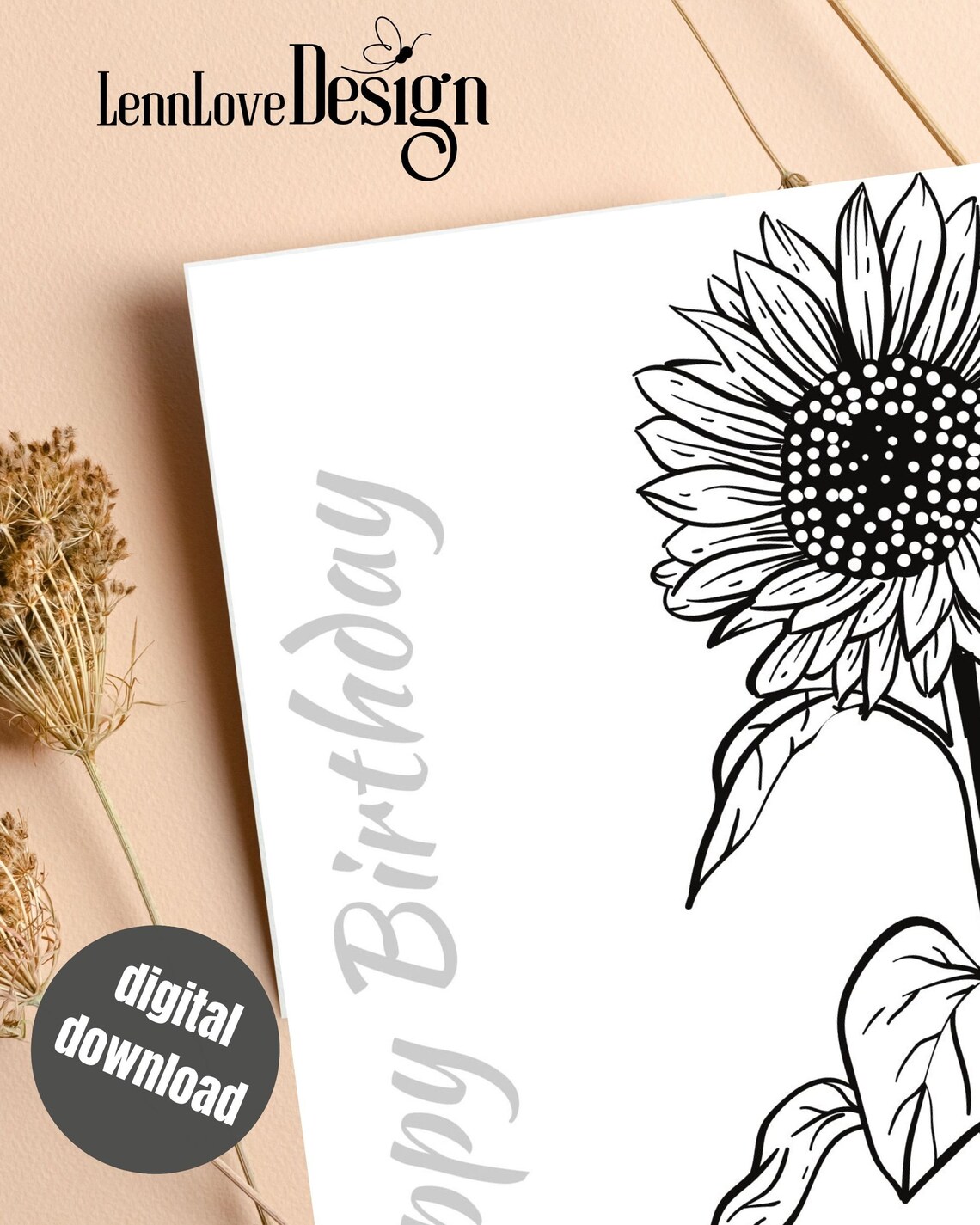 Sunflower Happy Birthday Digital Card, Instant Download, E-card, Hand ...