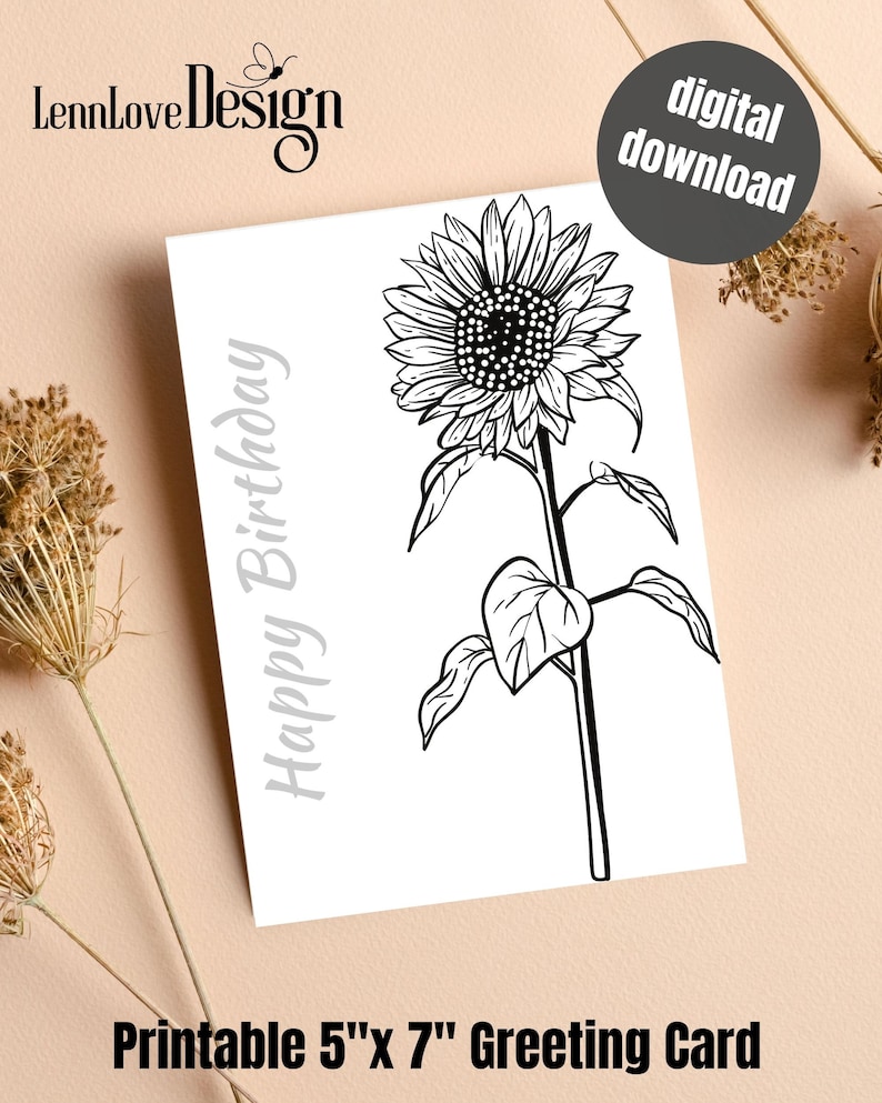 Sunflower Happy Birthday Digital Card, Instant Download, E-card, Hand ...