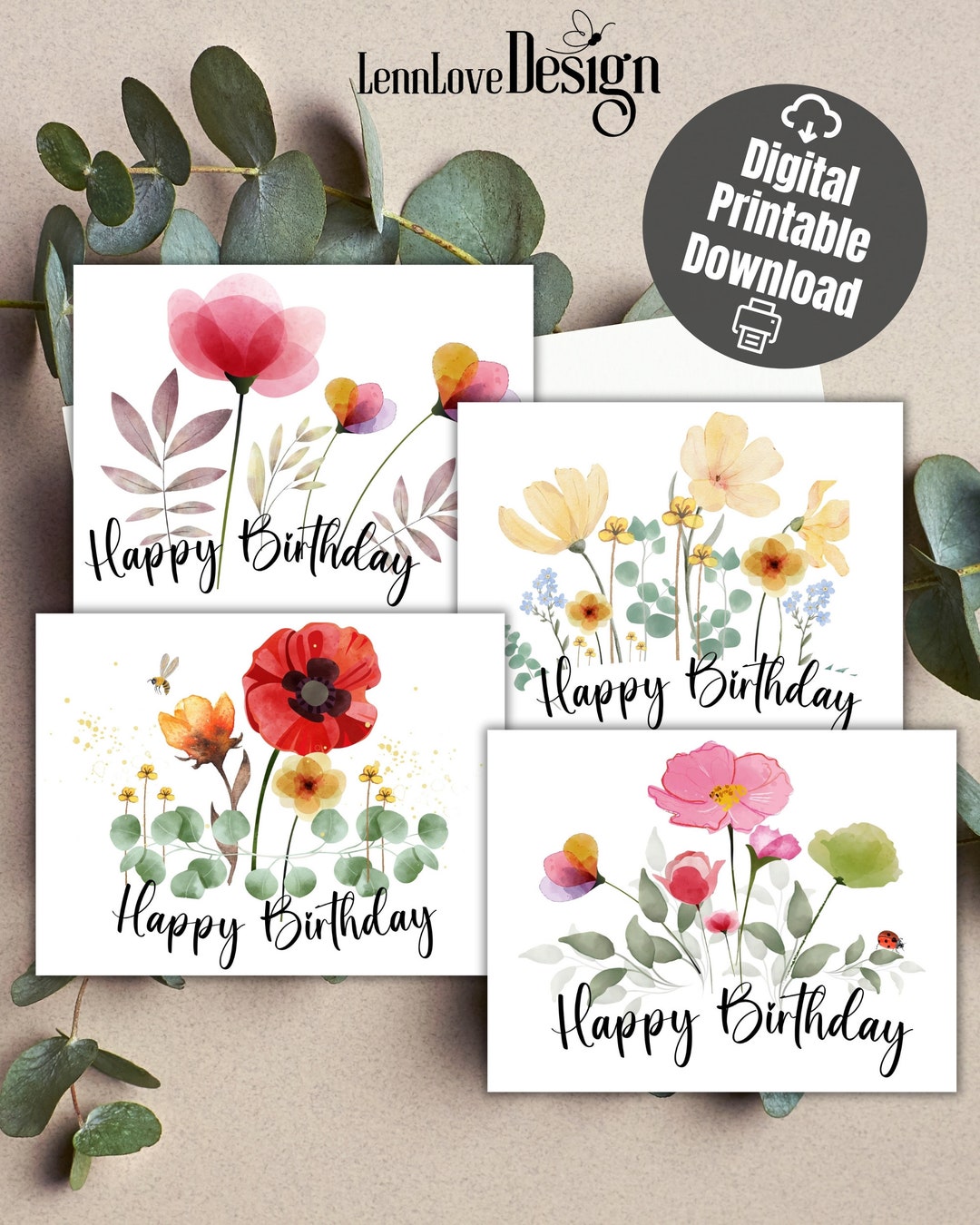 Watercolor Happy Birthday Flower Card Bundle of 4, Celebration Pack ...