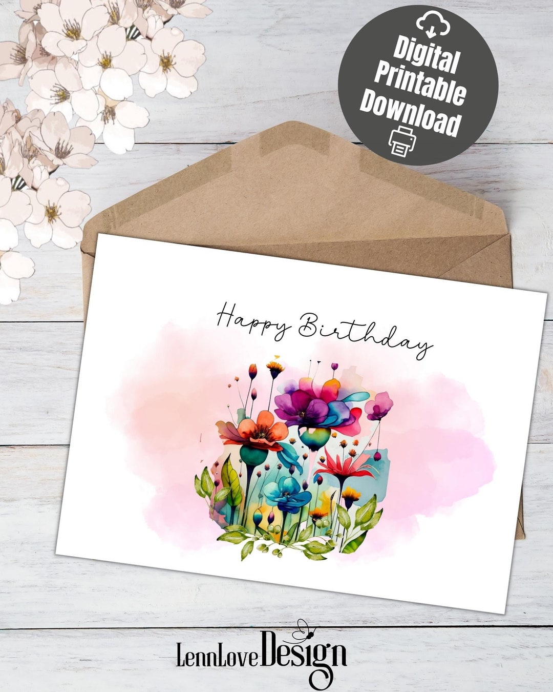 Watercolor Happy Birthday Card, Birthday Message, Printable Card, E ...