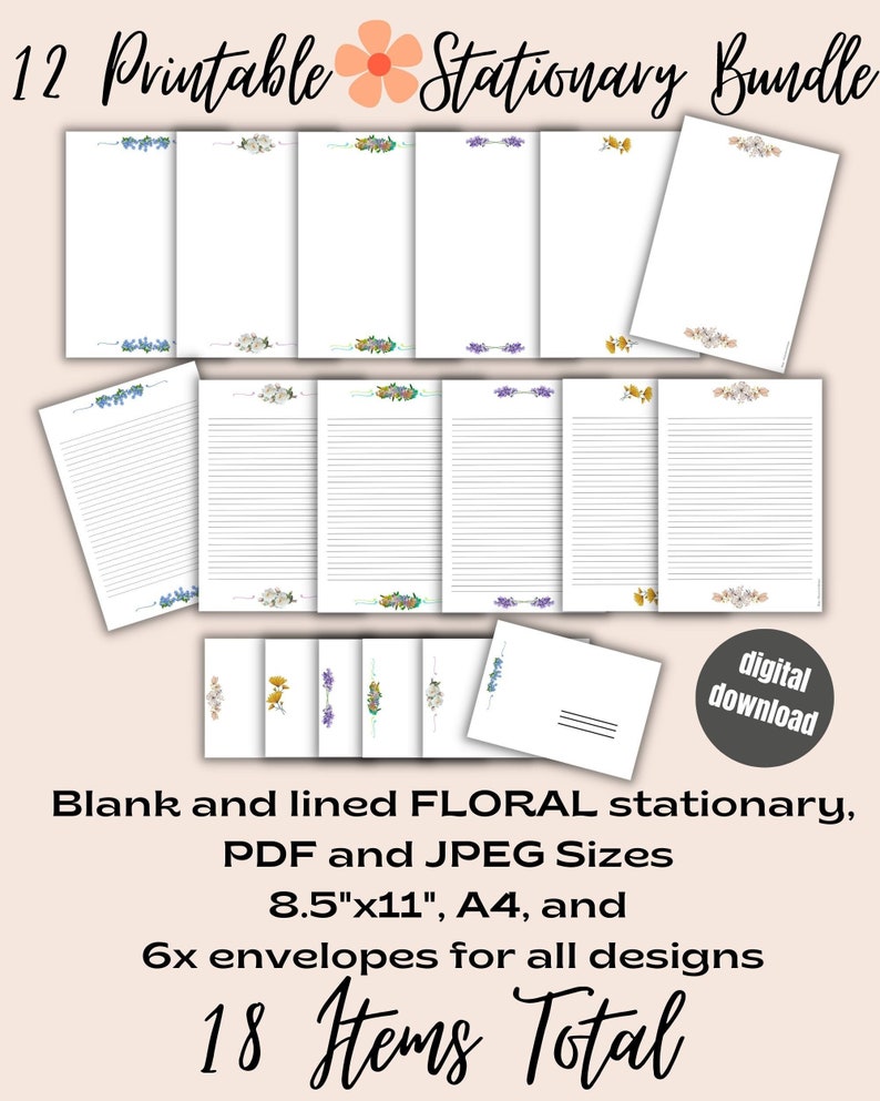 12 Set of Printable Stationary & 6 Envelopes in the Same Design ...