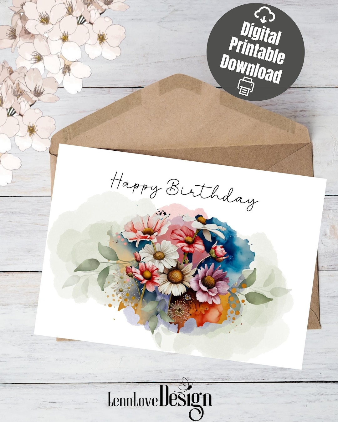 Wild Flowers Happy Birthday Card, Digital Downloadable and Printable ...