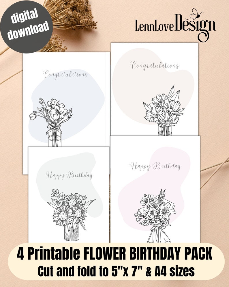 Printable Flower Birthday 4 Pack, Downloadable Celebration Cards ...
