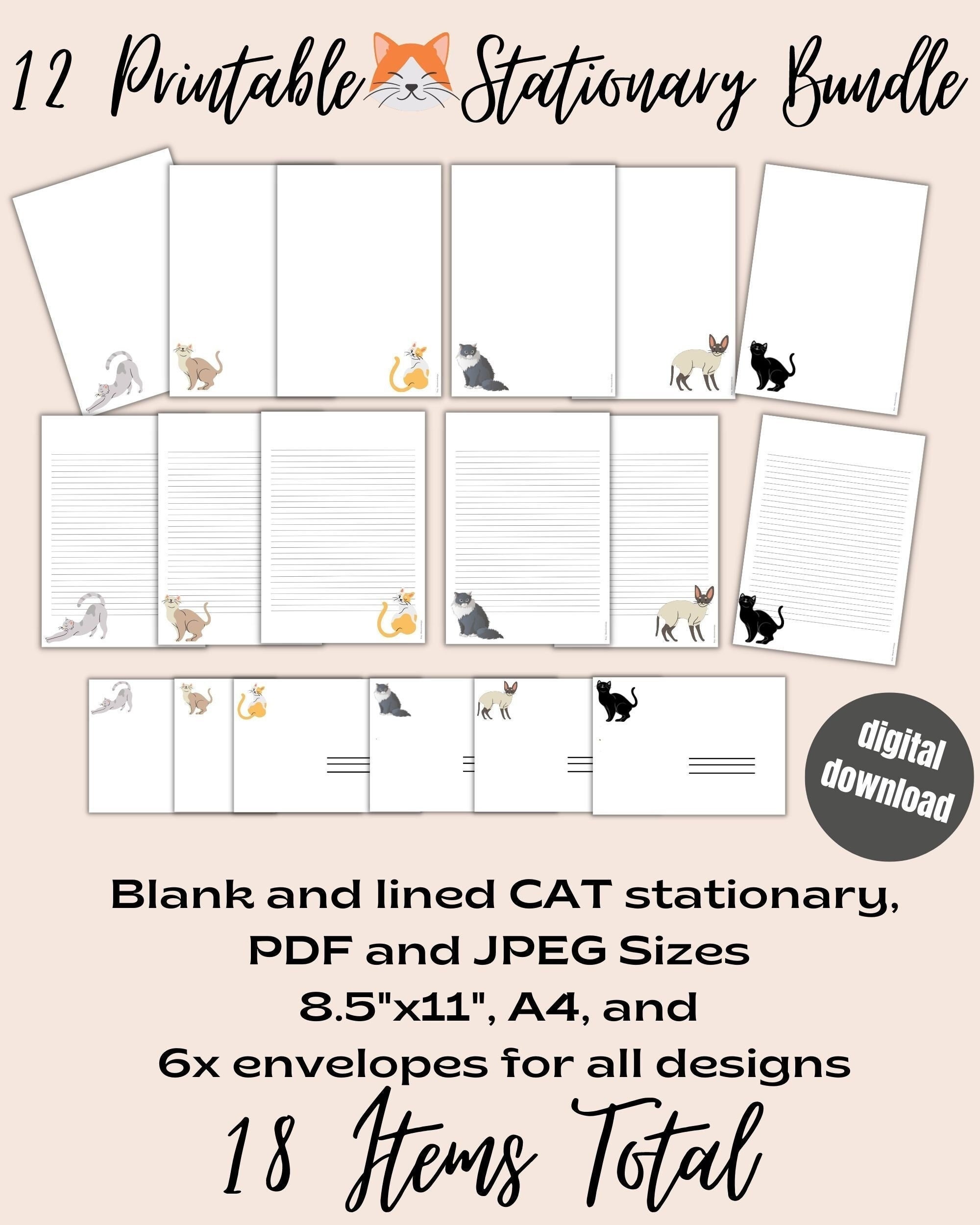 12 Printable CAT Stationary Bundle Plus 6 Envelopes, Cat Themes, Cat ...