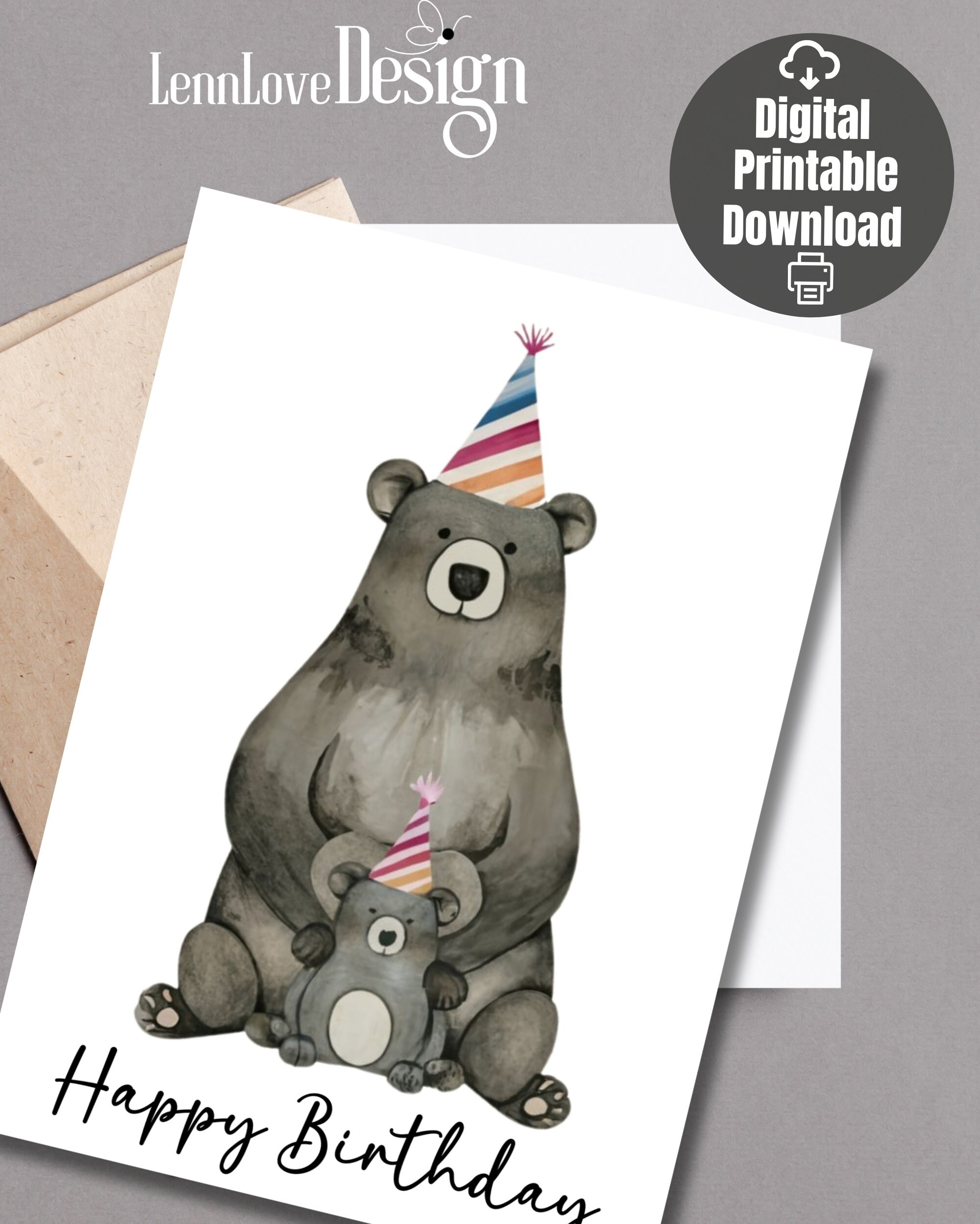 5 Pack Happy Birthday Animal Watercolor Cards, Digital Set of 5 ...